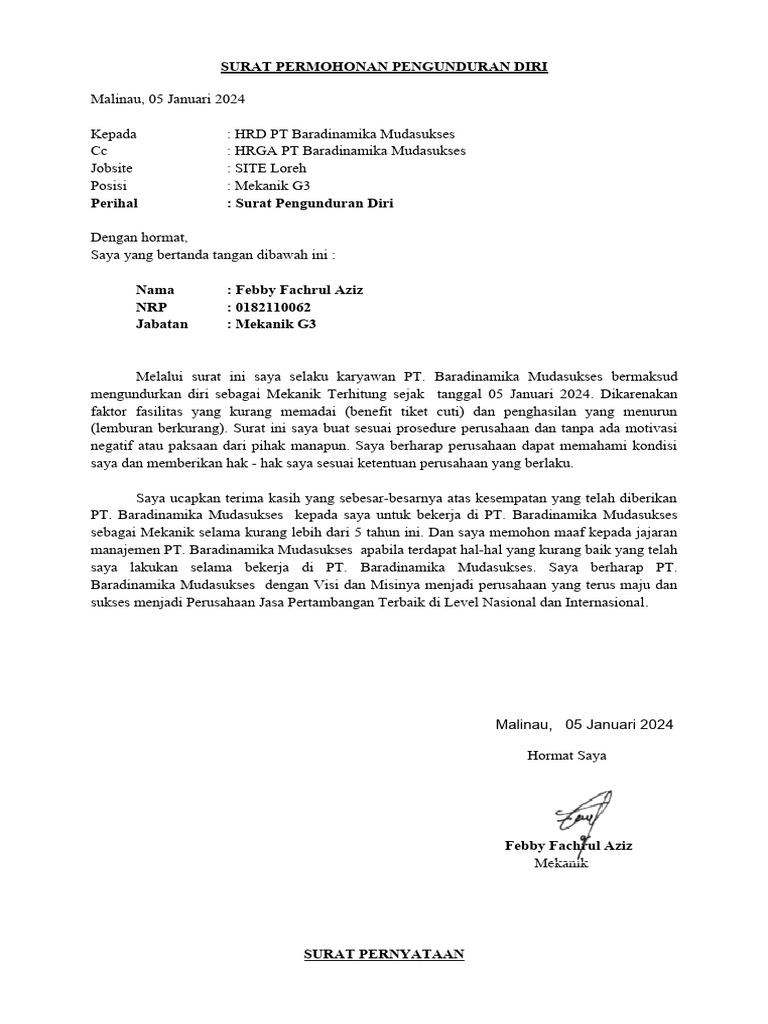 SURAT Pengunduran Diri (Febby Fachrul) | PDF