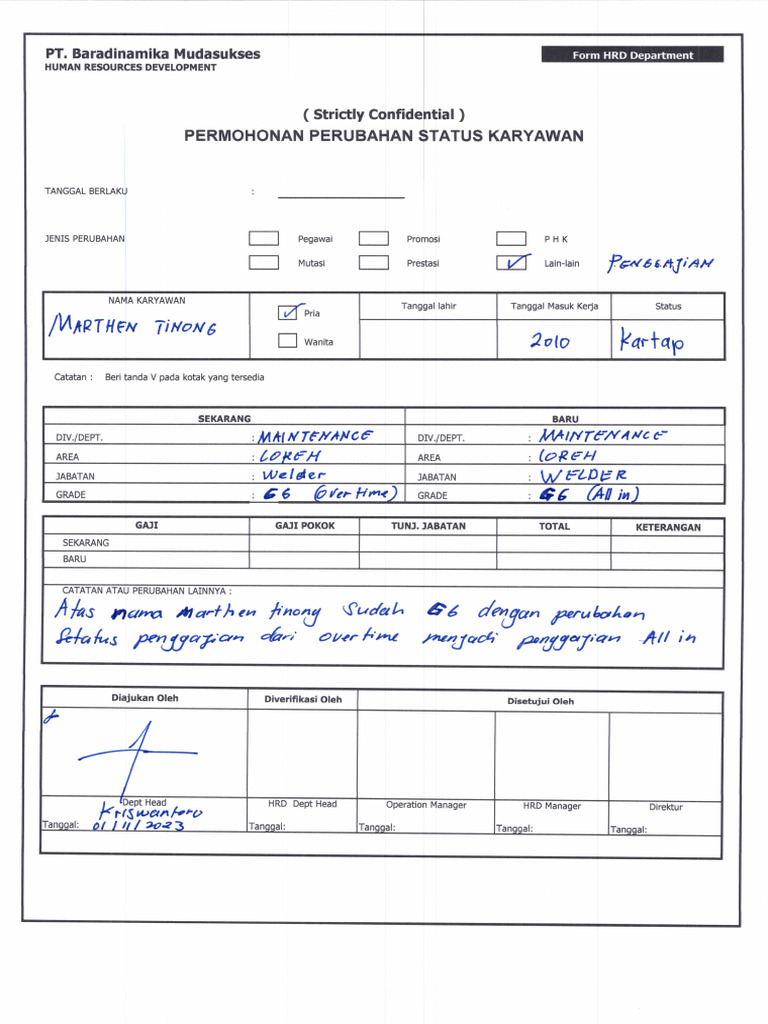 Form Permohonan Perubahan Status Karyawan | PDF