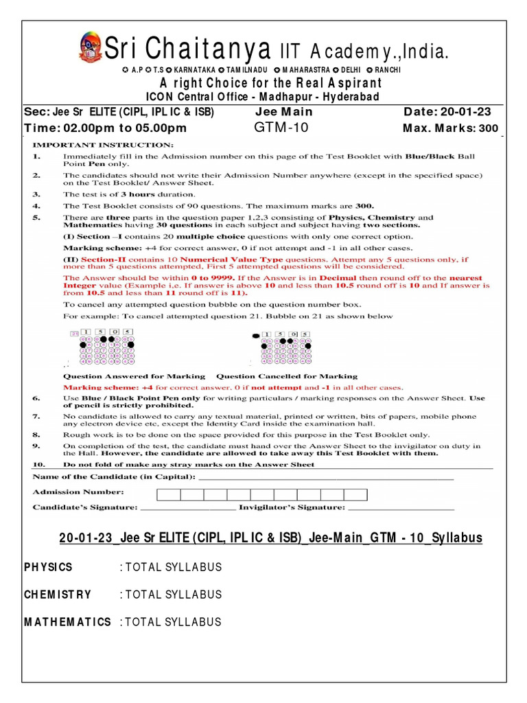 20-01-2023 - Jee SR ELITE (CIPL, IPL IC & ISB) - Jee-Main - GTM-10 - Q Paper | PDF | Rotation ...