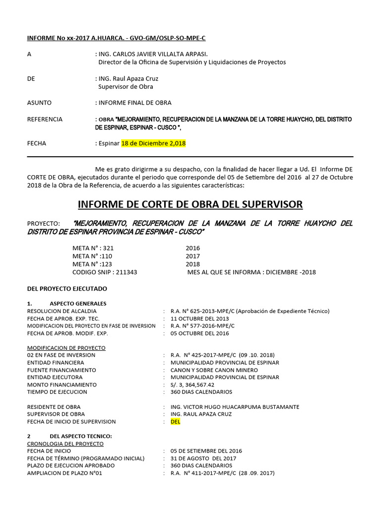 Informe de Corte Al 27 Oct 2018 Supervisor | PDF