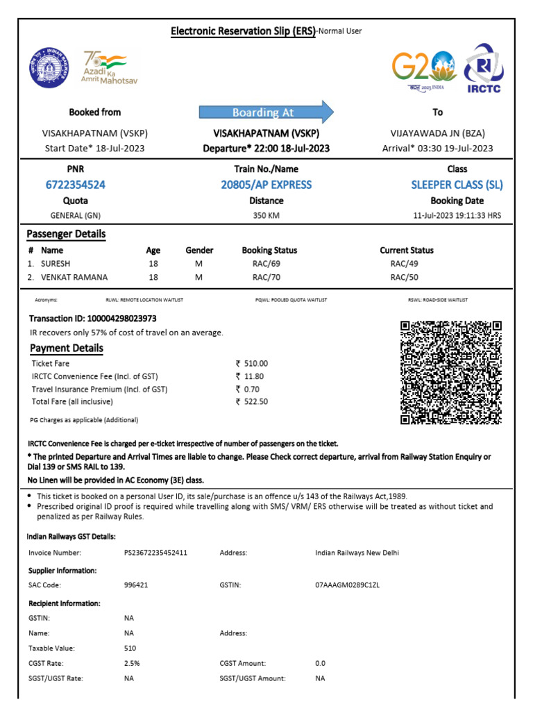 20805/AP EXPRESS Sleeper Class (SL) | PDF | Identity Document