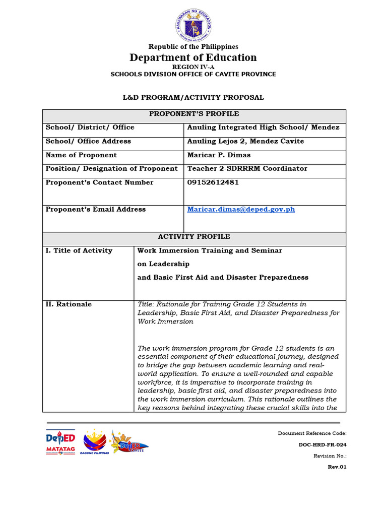 Work Immersion Activity Proposal | PDF | Emergency Management | Leadership