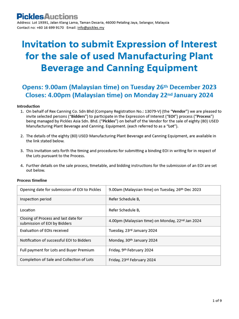 EOI Rex Beverage and Canning (FINAL) | PDF | Procurement | Business