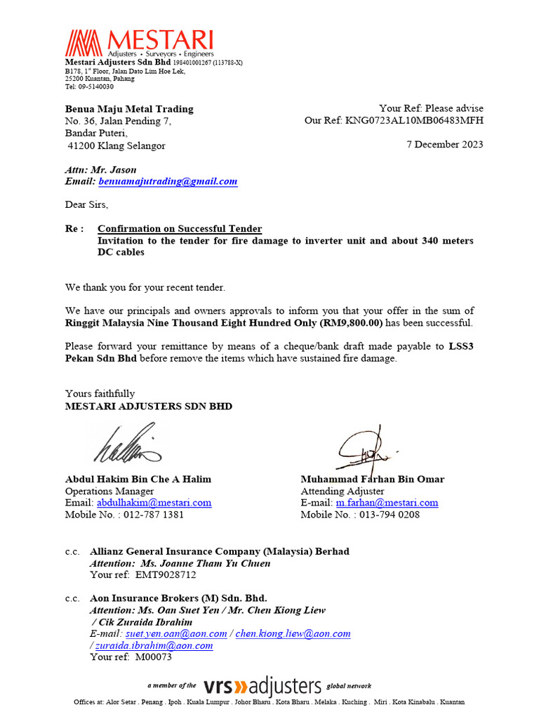 Salvage Award Letter To Benua Maju | PDF