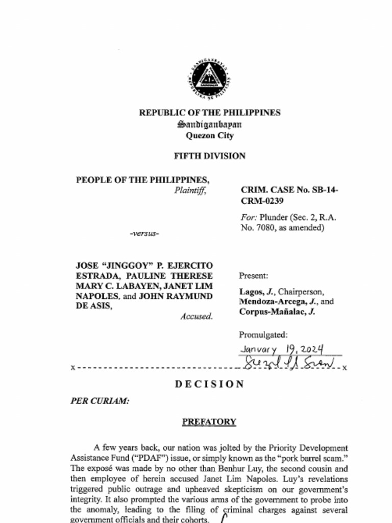 Sandiganbayan Decision On Jinggoy Estrada Plunder/bribery | PDF
