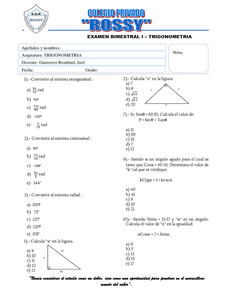 Examen de Trigonometria 1ro | PDF | Geometría Elemental | Trigonometría