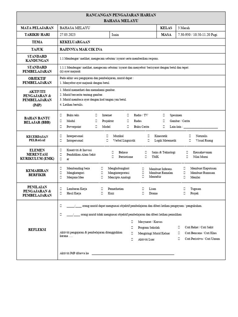RPH Bahasa Melayu 3 | PDF