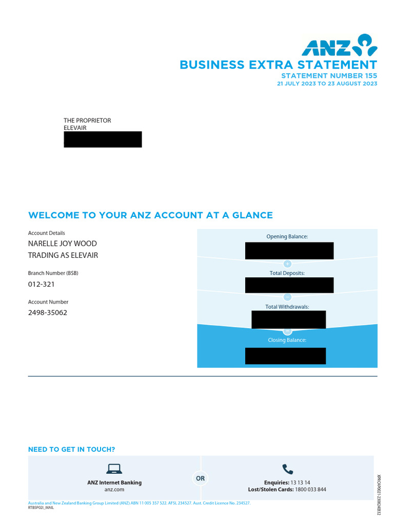 ANZ Business Account Statement Summary | PDF | Private Sector | Business