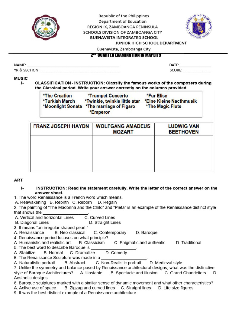 2nd QUARTER Exam g9 | PDF | The Arts