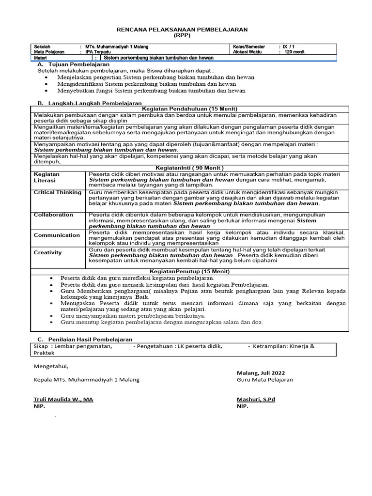 RPP 2 IPA 9 Reproduksi Hewan Dan Tumbuhan | PDF