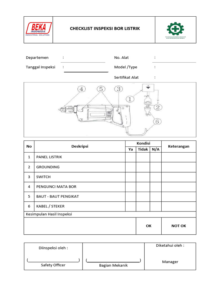 Form Check List Inspeksi Bor Listrik | PDF