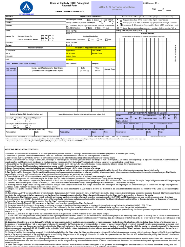 ALS Environmental Canada COC Excel Prairies | Download Free PDF | Legal ...