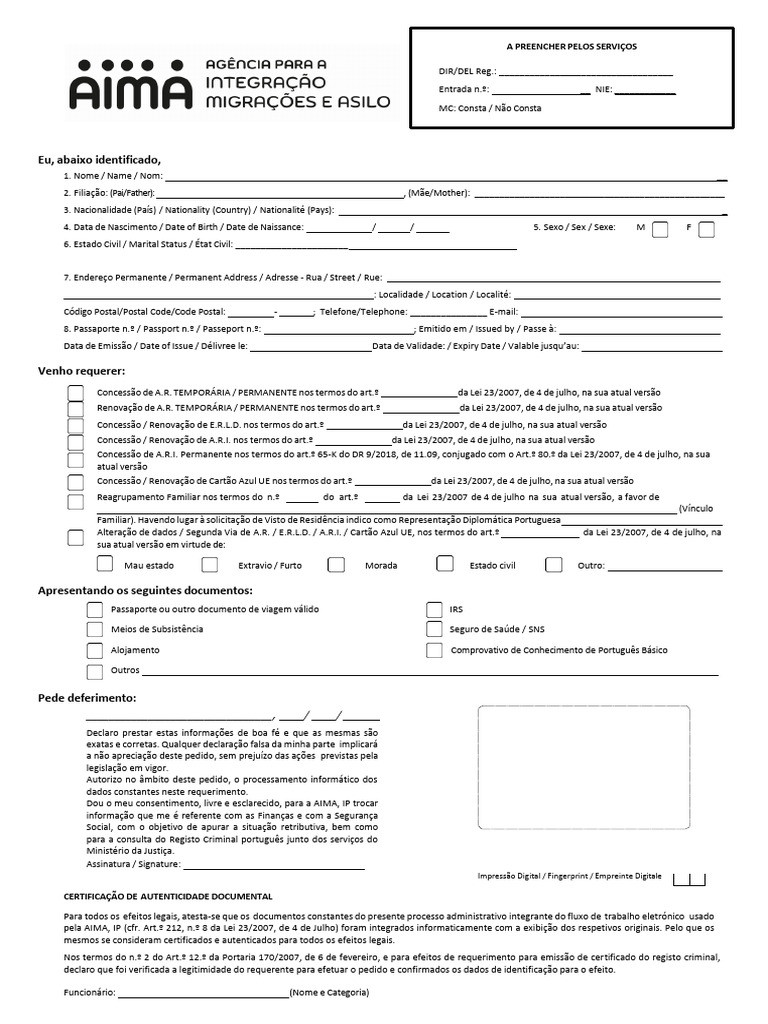 Reagrupamento Familiar Aima Formulário | PDF | Portugal | União Europeia
