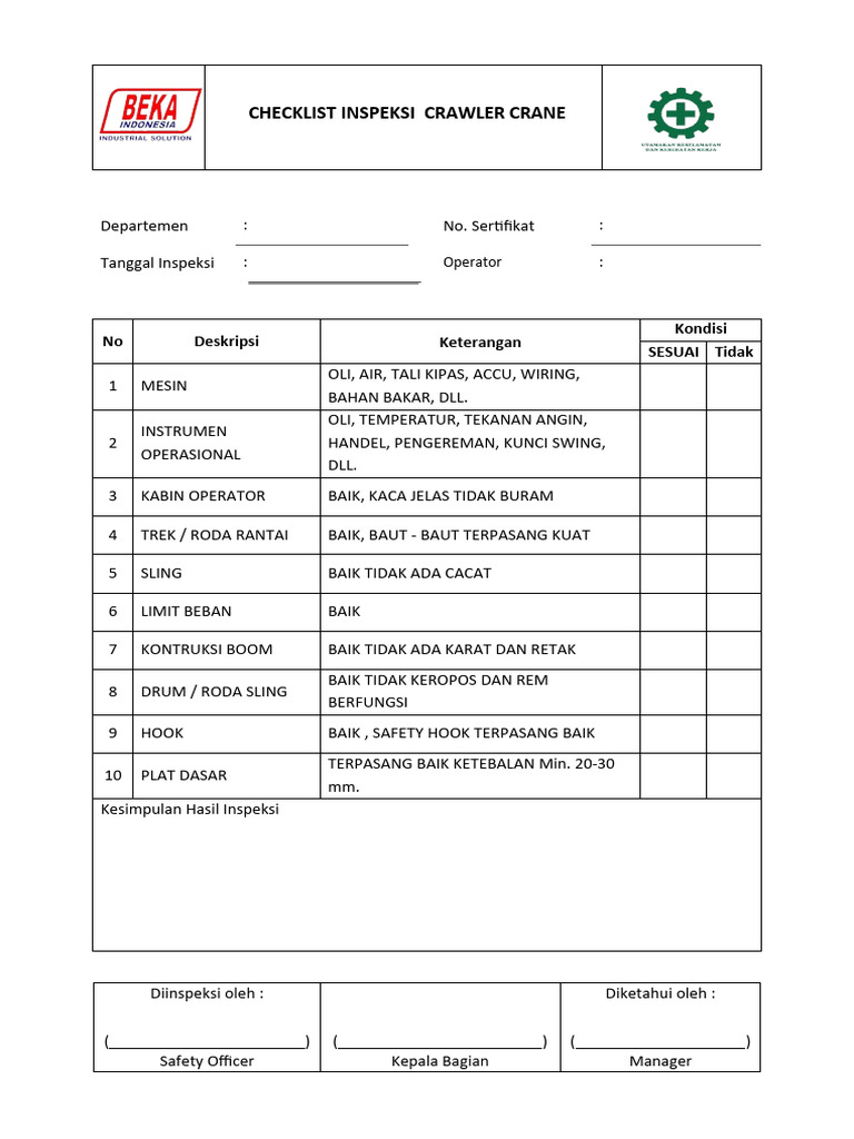 Form Check List Inspeksi Crawler Crane | PDF