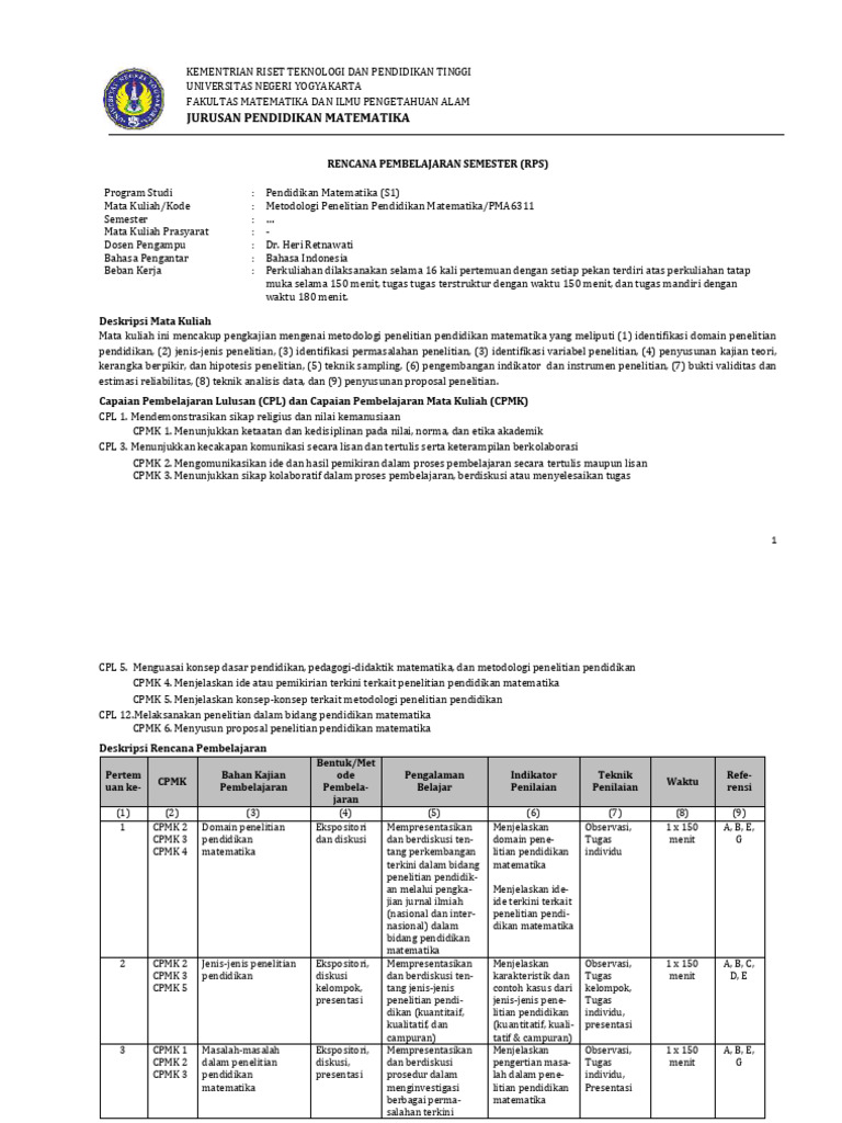 RPS-Metodologi Penelitian Pendidikan Matematika | PDF