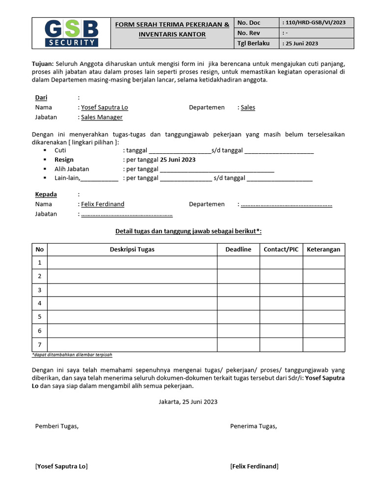 GSB-Form Serah Terima Pekerjaan & Inventaris YSL | PDF