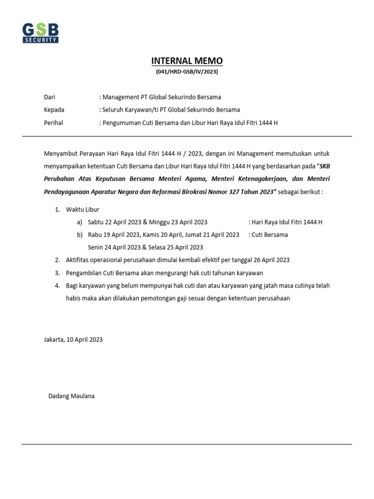 Internal Memo GSB Jadwal Libur Idul Fitri 2023 | PDF