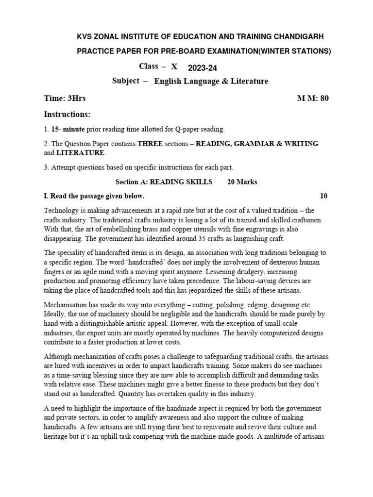 Practice Paper Pre-Board X Eng Lang - Lit. 2023-24 | PDF | Tourism ...