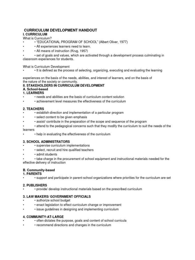 Curriculum Development Handout | PDF | Curriculum | Teachers