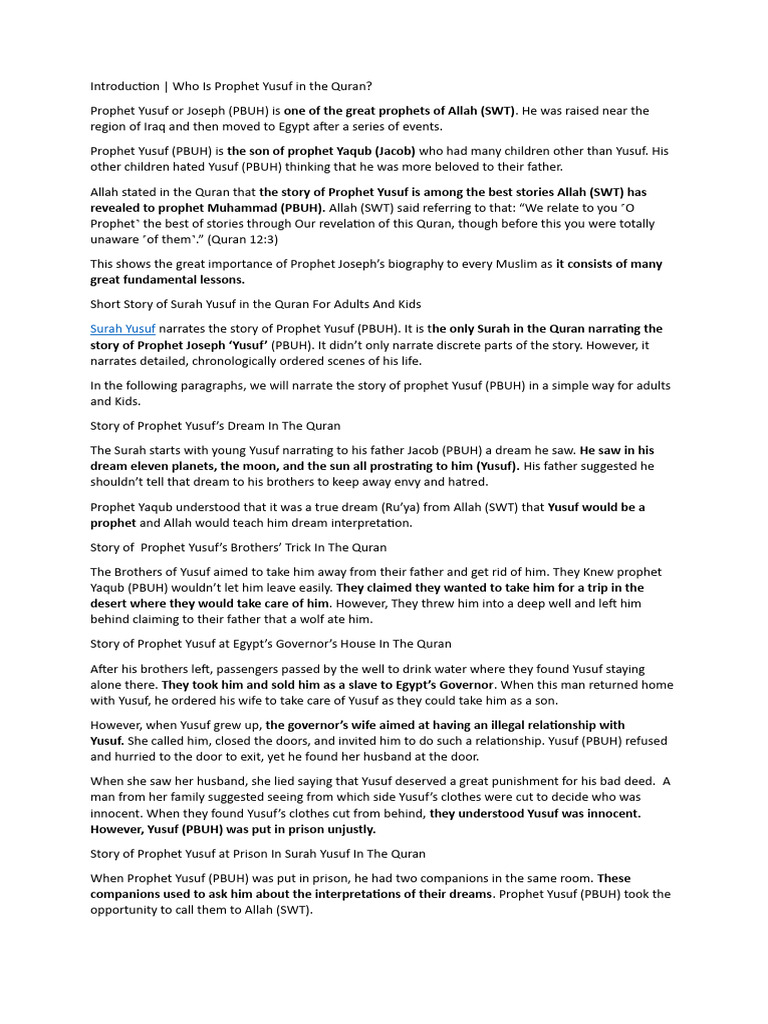 Short Story of Prophet Yusuf's | PDF | Surah | Abrahamic Religions