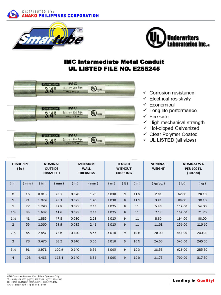 IMC Conduit Specifications and Dimensions | PDF | Materials | Chemical ...
