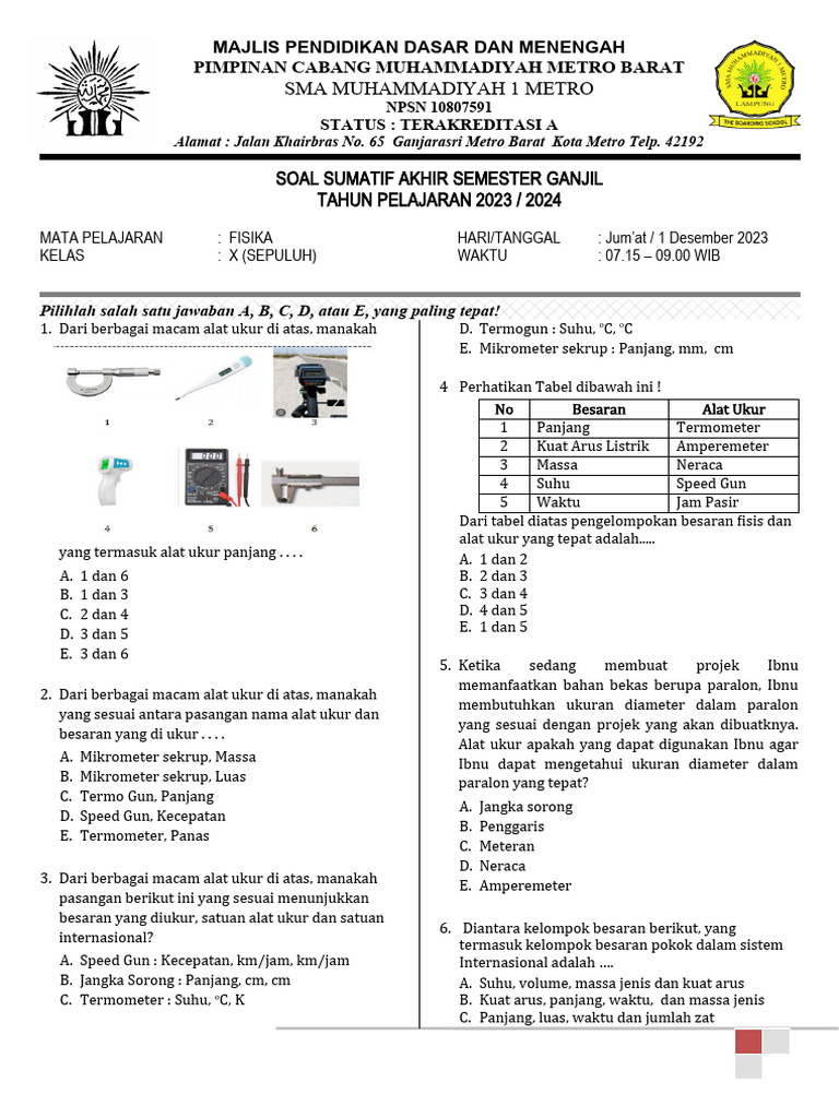 SOAL PAS FISIKA KELAS X KUMER 2023-2024 | PDF