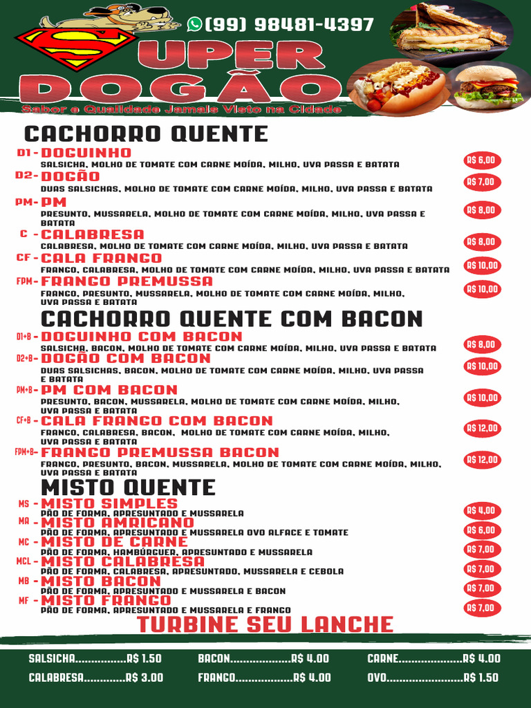 Cardapio Super Dogão | Download grátis PDF | Cachorro-quente | Hambúrgueres