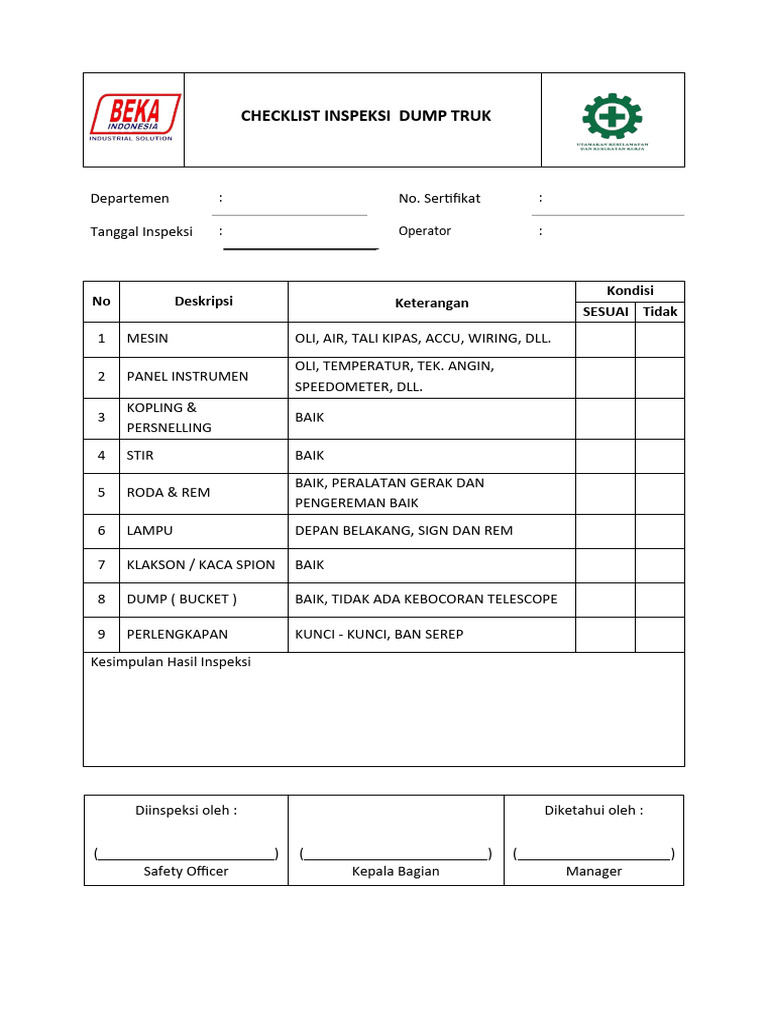 Checklist Inspeksi Dump Truk | PDF