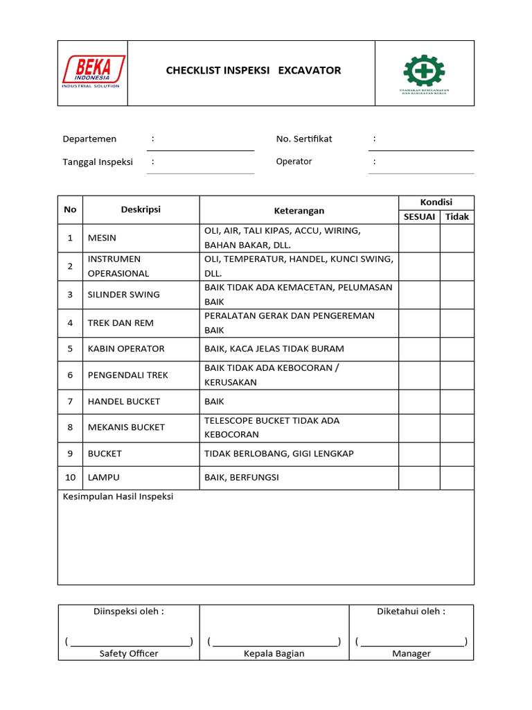 Form Check List Inspeksi Excavator | PDF