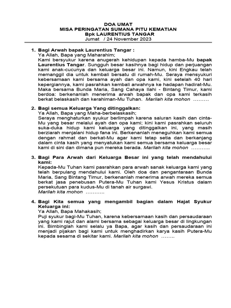 DOA UMAT 40 Malam Kematian (Agama Katolik) | PDF
