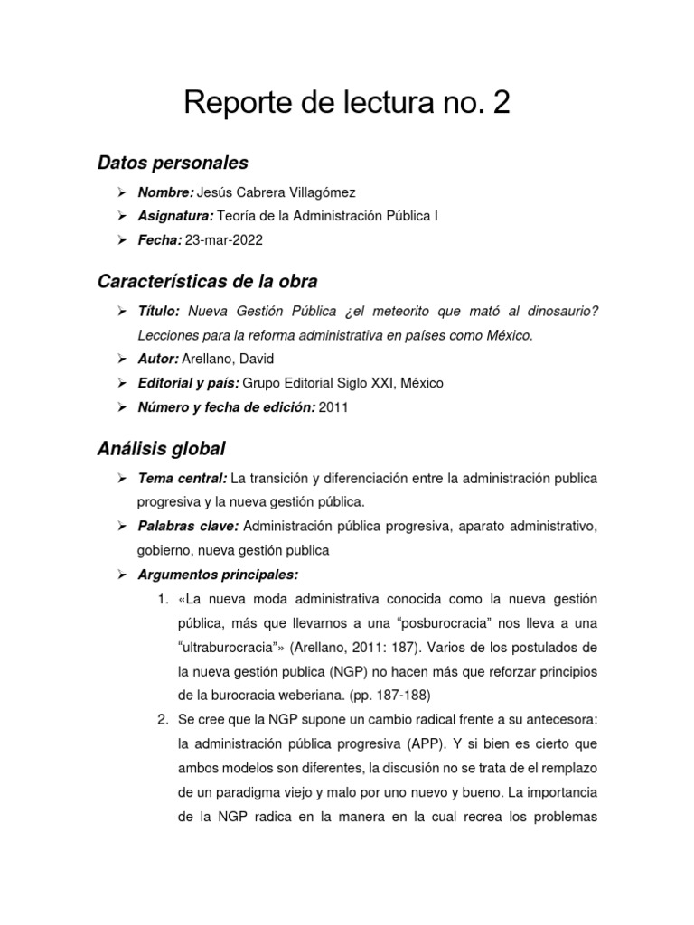 Reporte de Lectura No. 2 (La Nueva Gestión Publica) | PDF | Corrupción ...