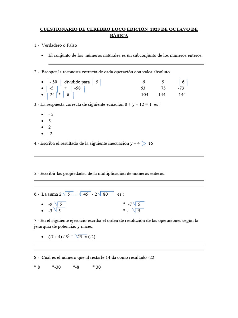 Cuestionario de Cerebro Loco Edición 2023 de Octavo de Básica | PDF ...