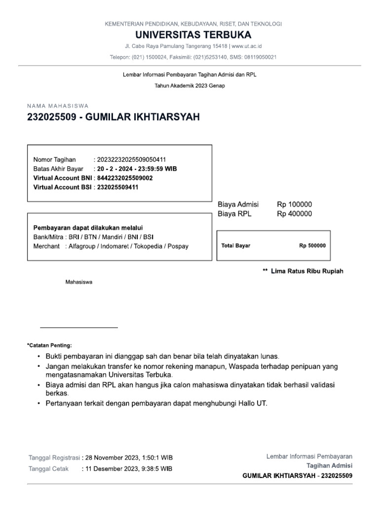 Form Pembayaran UAS Universitas Terbuka | PDF