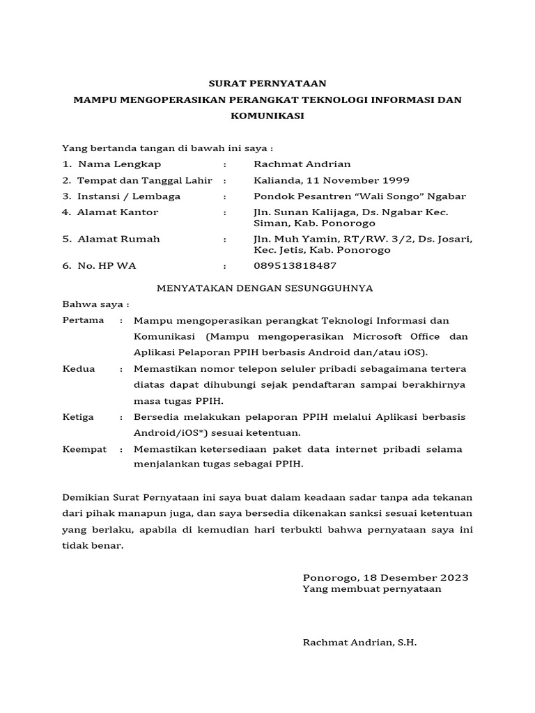 Surat Pernyataan TIK | PDF