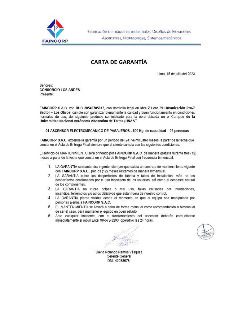 Carta de Garantía de Ascensor FAINCORP | PDF | Hogar, jardinería y bricolaje | Tecnología