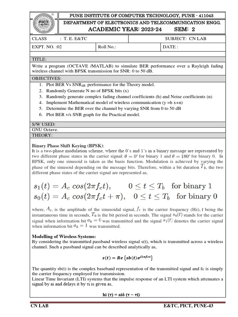 Exp - 02 BER Vs SNR Wireless Channel | PDF | Signal To Noise Ratio ...