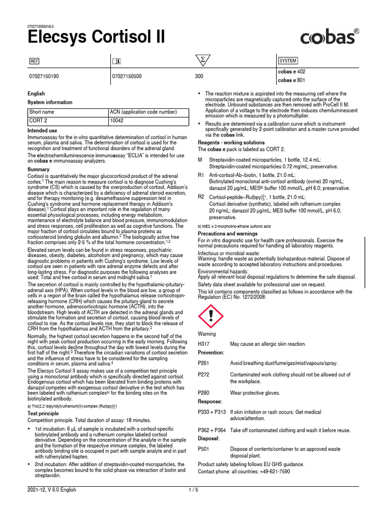 Insert - Elecsys Cortisol II.07027150500.V6.En | PDF | Detection Limit | Cortisol