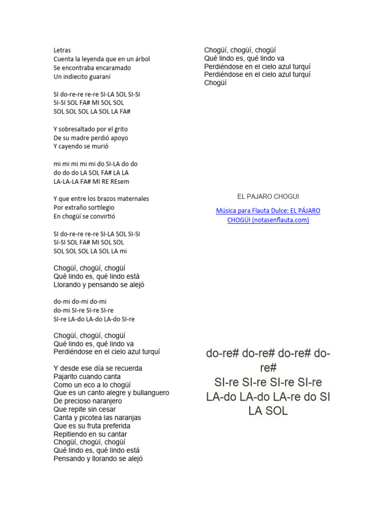 Letra y acordes del Pájaro Chogüí | PDF