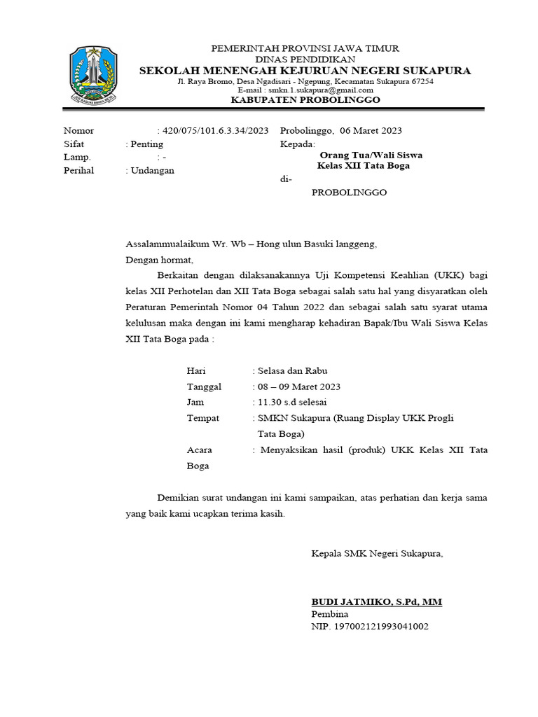 02 SURAT Undangan ORTU Display UKK 2023 | PDF