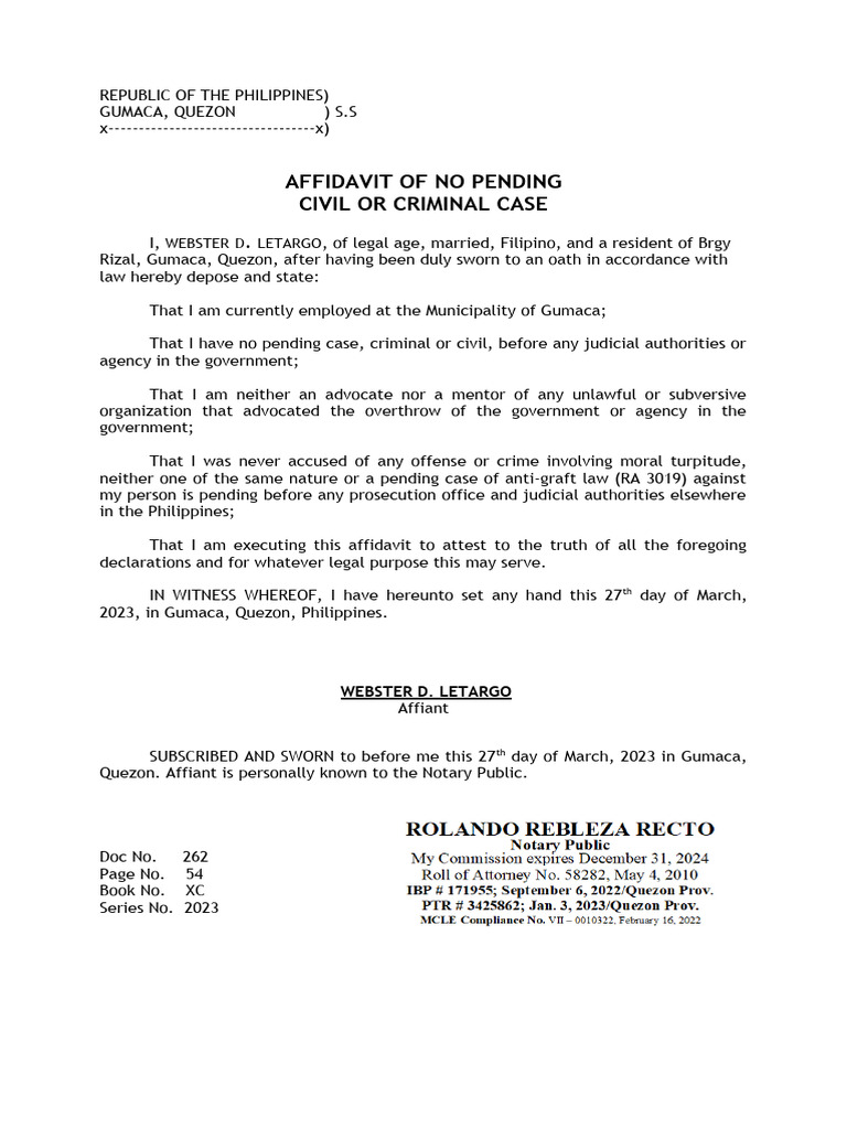 Affidavit-of-No-pending-Criminal-Case - Letargo | PDF