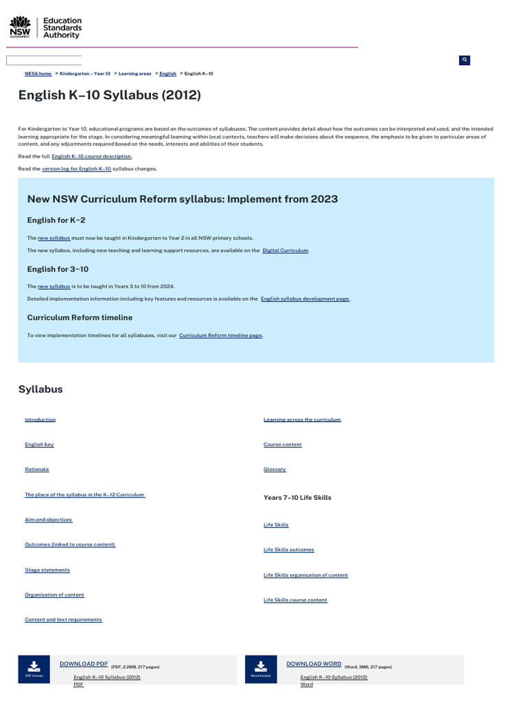 NSW K-10 English Syllabus Overview | PDF | Curriculum | Education Theory