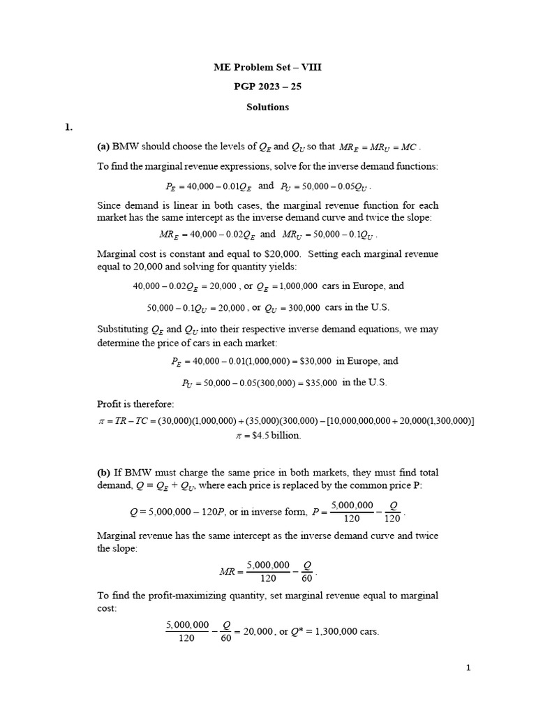 ME(2023) Answer Keys(Problem Set-8). | PDF | Demand | Profit (Economics)