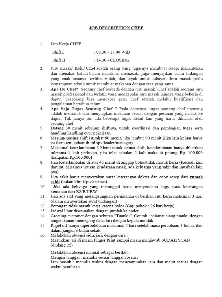 Job Description Chef | PDF