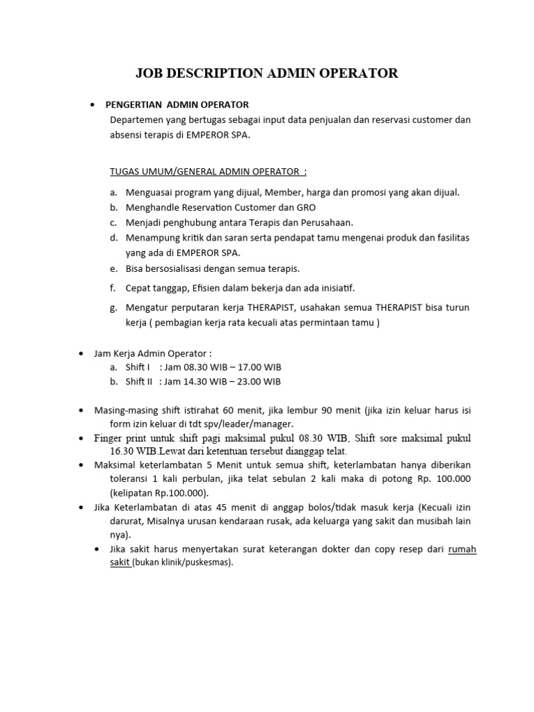 Job Description Admin Operator | PDF | Karier & Perkembangan