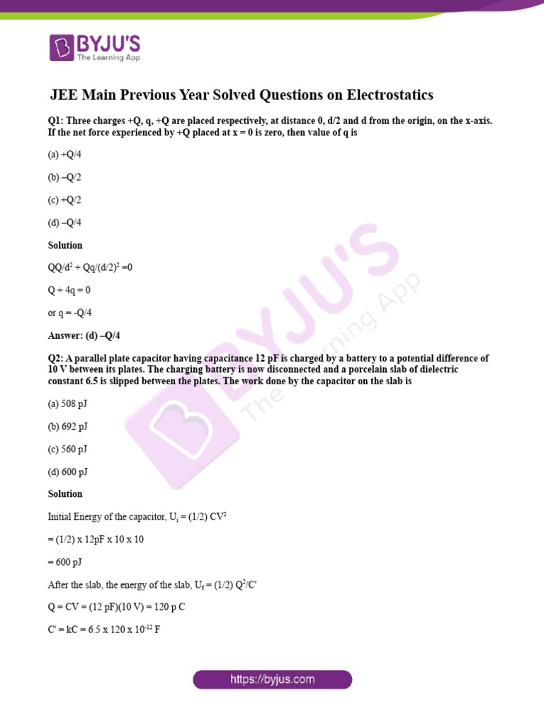JEE Main Previous Year Solved Questions On Electrostatics PDF | PDF | Capacitance | Capacitor