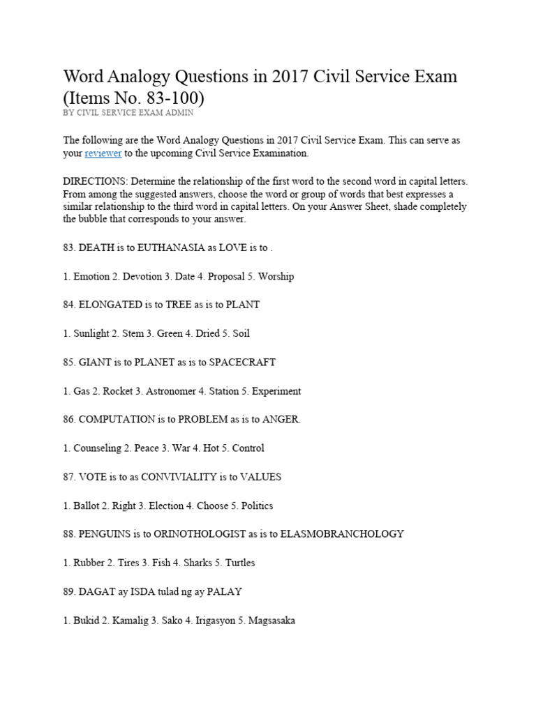 Word Analogy Questions in 2017 Civil Service Exam | PDF