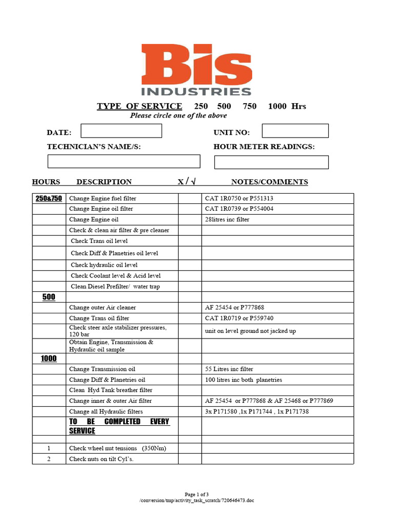 Forklift 250 hr-1000hr Service Sheet 2.docfantuzzi | PDF | Oil ...