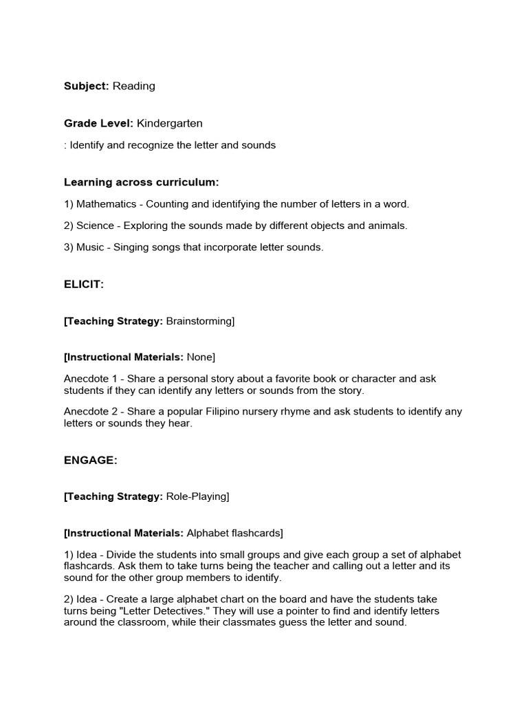 Kindergarten Letter Sound Activities | PDF | Learning | Cognition