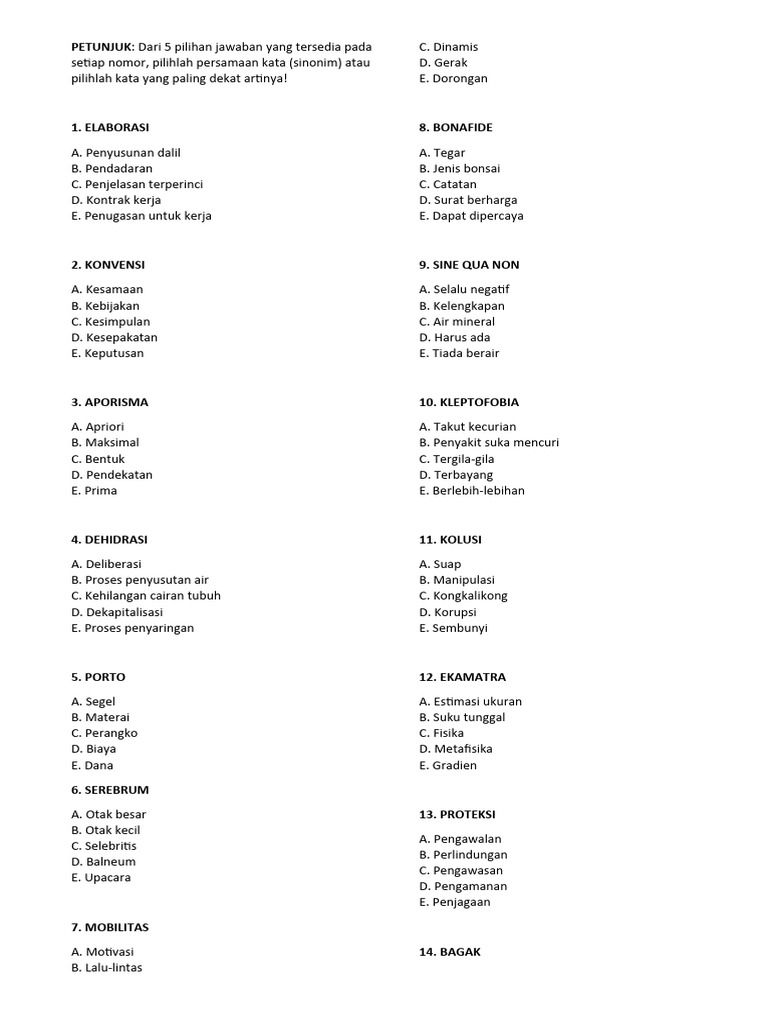 Soal Sinonim Kelas Kerja | PDF