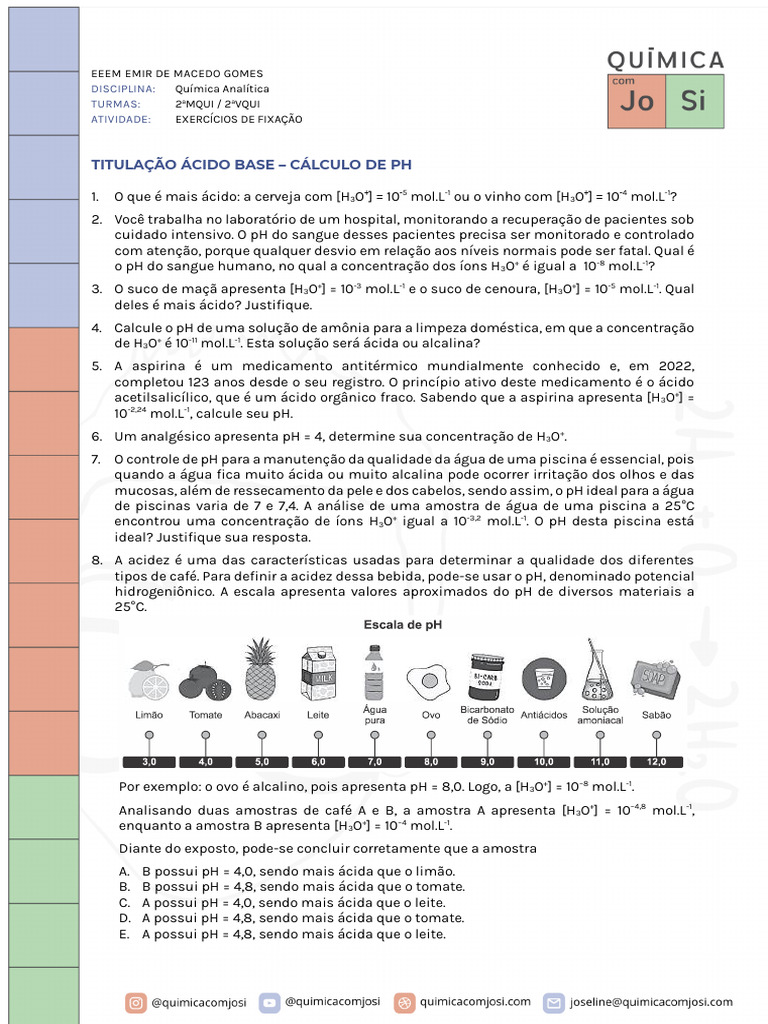 0010 Titulação ácido Base Exercícios 03 Pdf Ph ácido